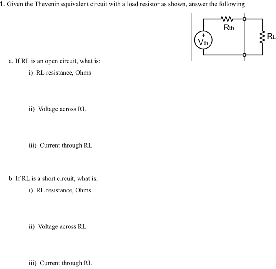 Solved . Given the Thevenin equivalent circuit with a load | Chegg.com