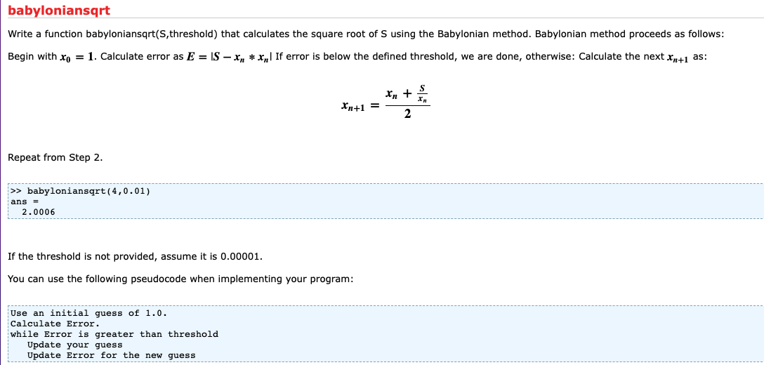 Solved babyloniansqrt Write a function babyloniansqrt(s, | Chegg.com