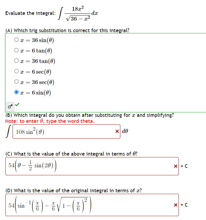 Solved Evaluate the integral: ∫﻿﻿18x236-x22dx(A) ﻿Which trig | Chegg.com