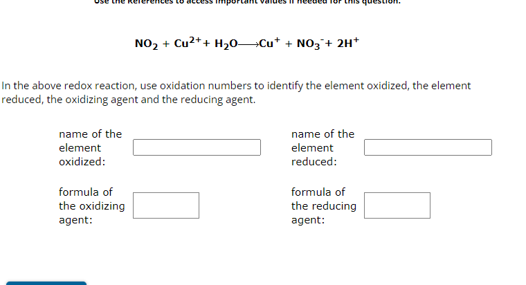 Solved NO2+Cu2++H2O Cu++NO3−+2H+ n the above redox reaction, | Chegg.com