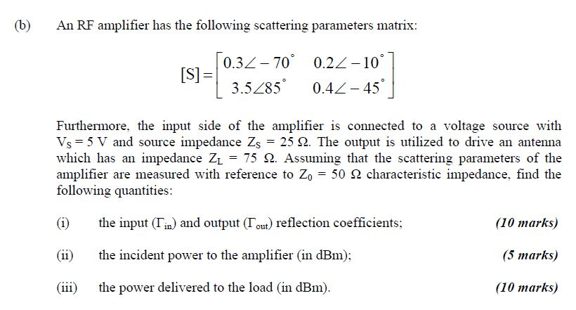 Solved (b) An RF amplifier has the following scattering | Chegg.com