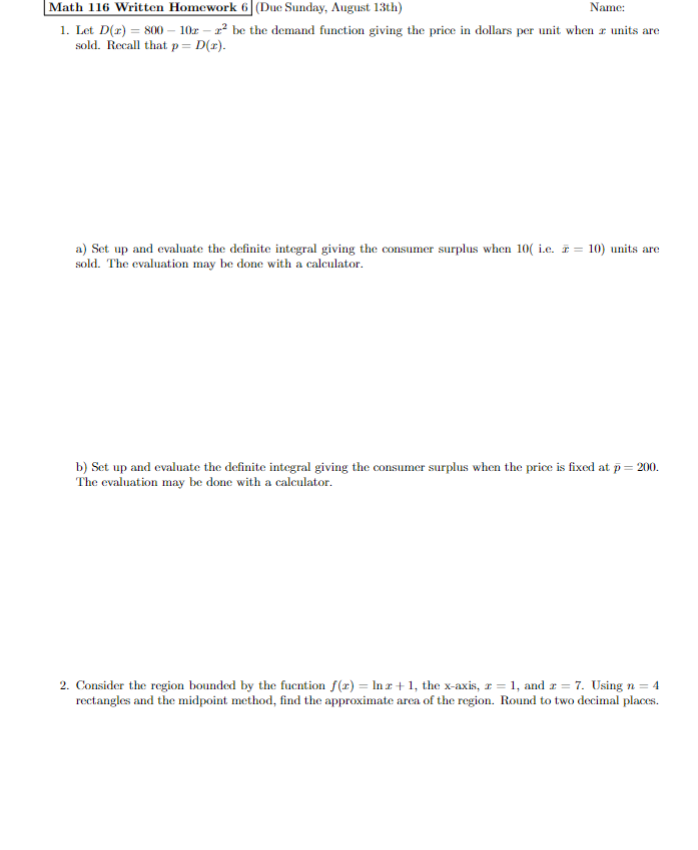 Solved Math 116 Written Homework 6\\( ] \\) (Due Sunday, | Chegg.com