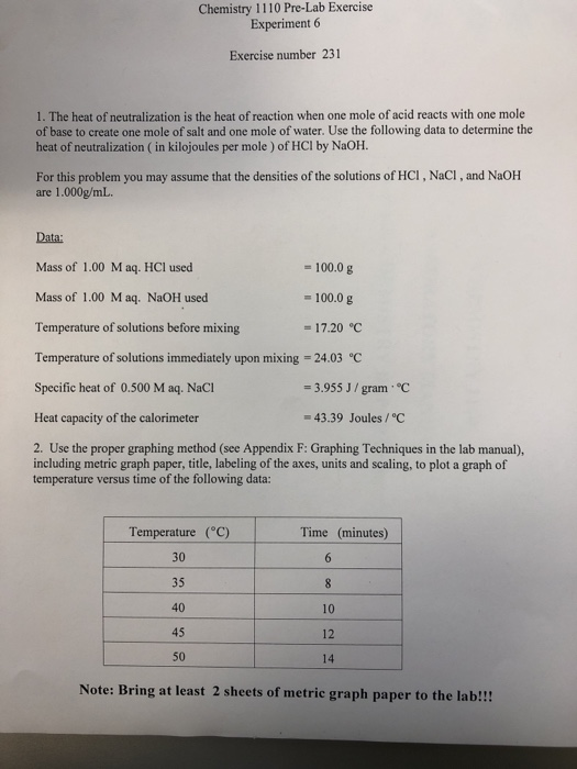 Chemistry 1110 Pre-Lab Exercise Experiment6 Exercise | Chegg.com