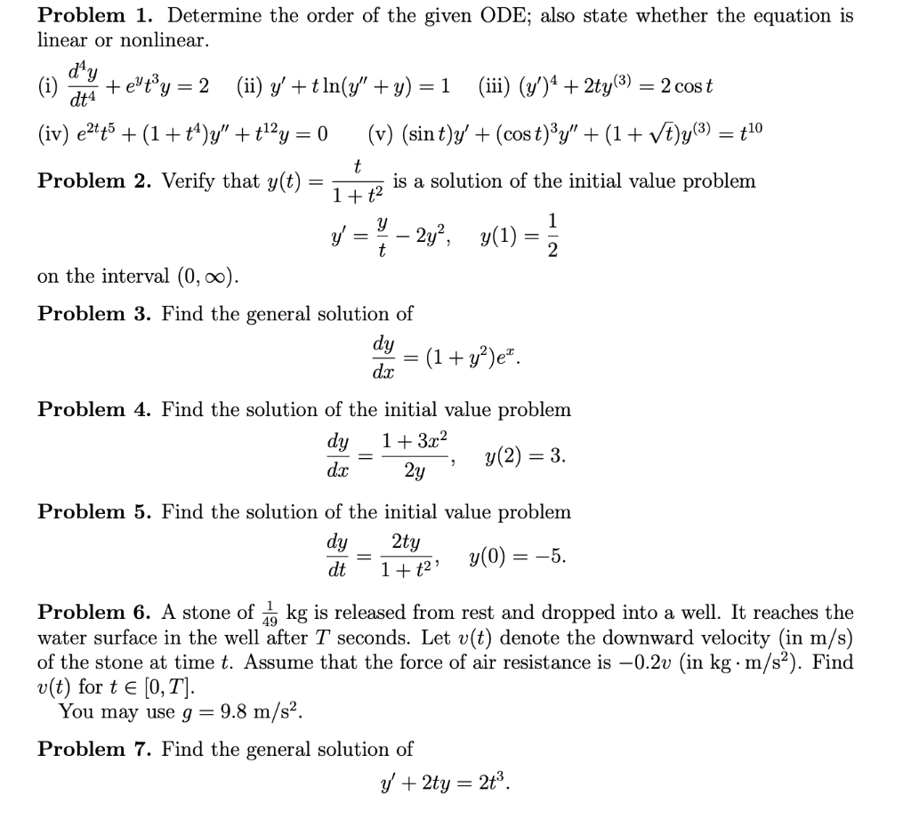 Solved Problem 1. Determine the order of the given ODE; also | Chegg.com