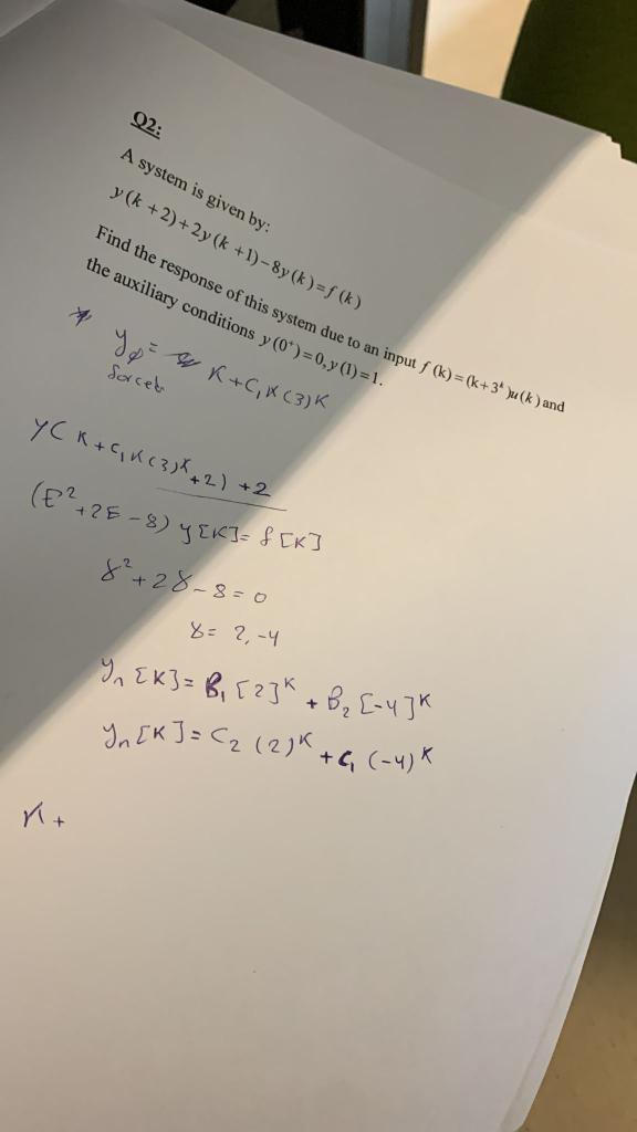 Solved Q2: A system is given by: у (k + 2) + 2y (k+1) - 8y | Chegg.com
