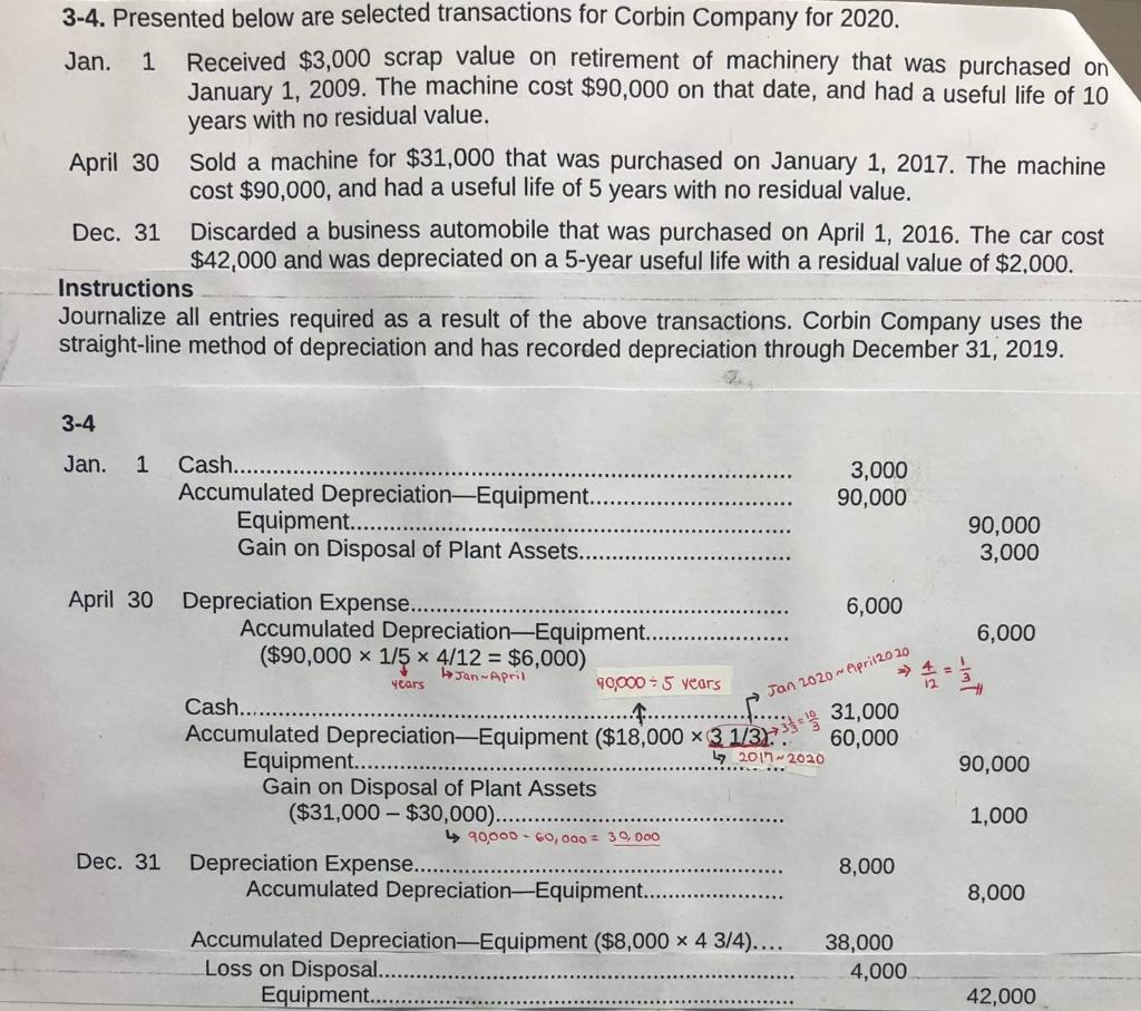 Solved 3-4. Presented below are selected transactions for | Chegg.com