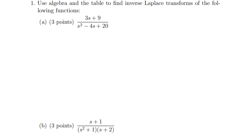 Solved 1. Use algebra and the table to find inverse Laplace | Chegg.com