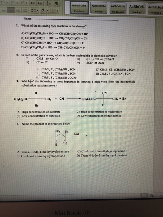Solved Emphasis Name 1. Which of the following SN2 reactions | Chegg.com