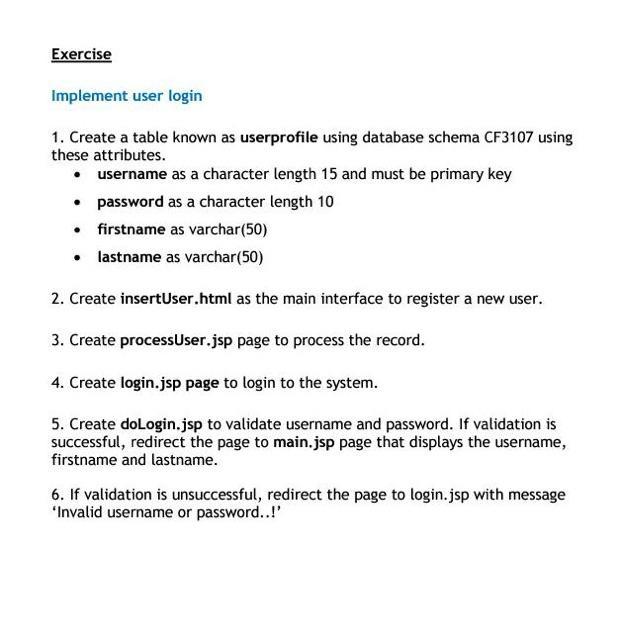Solved Exercise Implement user login 1. Create a table known | Chegg.com