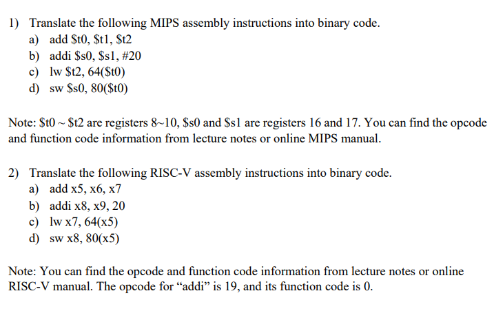 Solved 1 Translate The Following Mips Assembly Instructions 