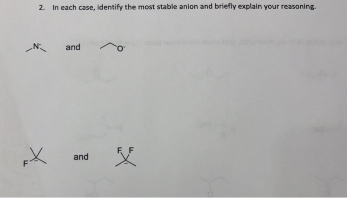 Solved 2. In each case, identify the most stable anion and | Chegg.com