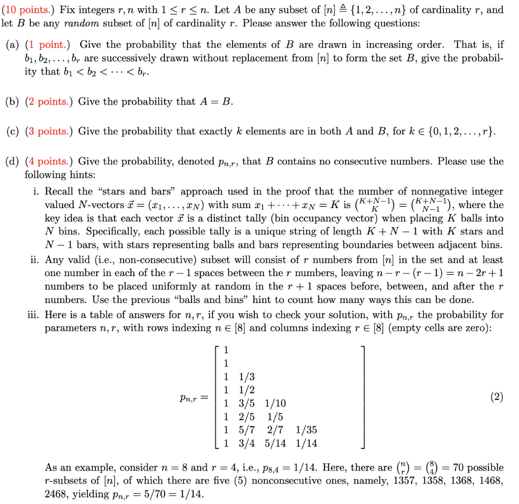 (10 points.) Fix integers r,n with 1≤r≤n. Let A be | Chegg.com