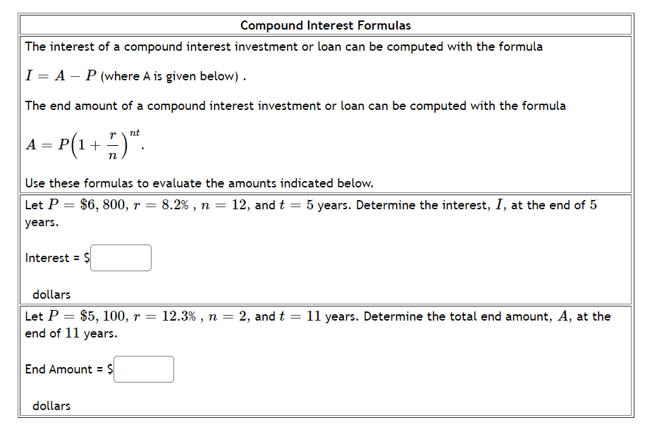 Solved Compound Interest Formulas The interest of a compound | Chegg.com