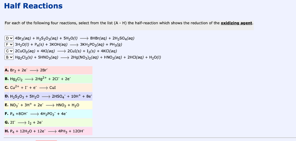 Solved Half Reactions For each of the following four | Chegg.com