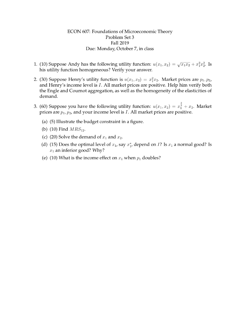 Econ 607 Foundations Of Microeconomic Theory Problem Chegg