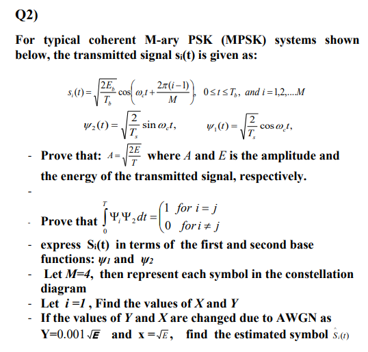Q2) For typical coherent M-ary PSK (MPSK) systems | Chegg.com
