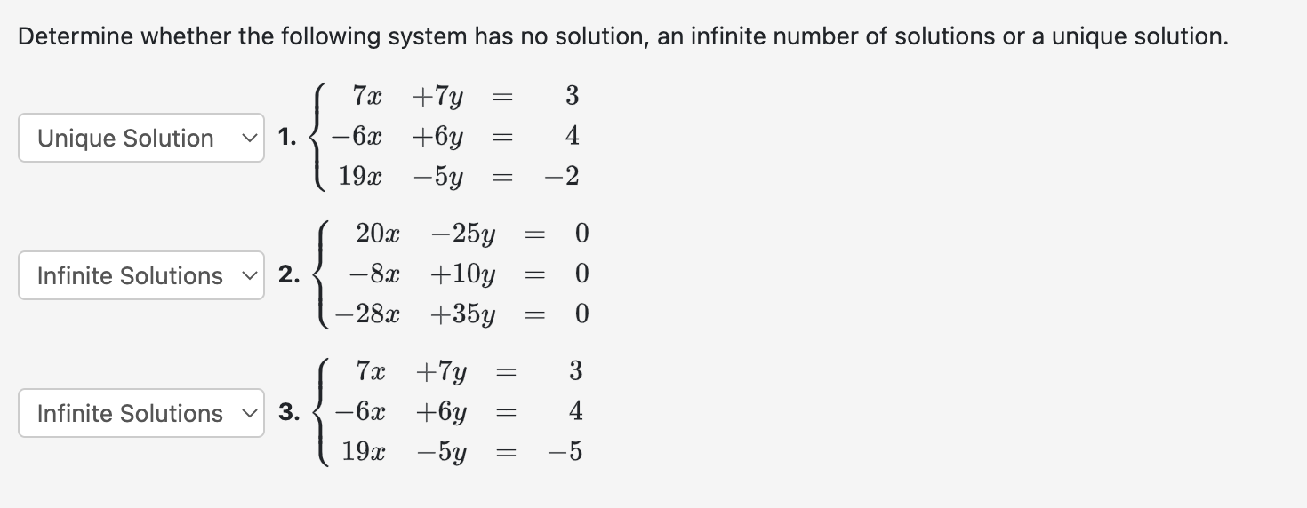 Solved ⎩⎨⎧7x+7y=−6x+6y=19x−5y=34−2 | Chegg.com