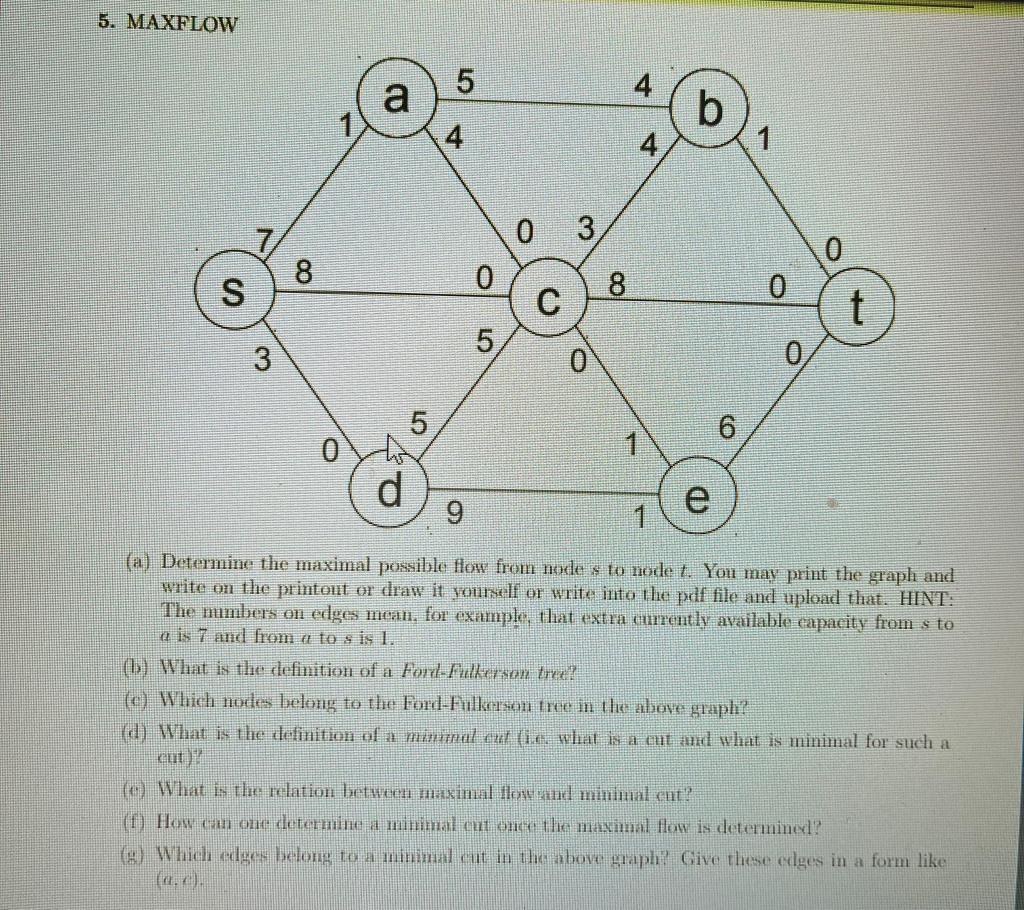 Solved 5. MAXFLOW (a) Determine the maximal possible flow | Chegg.com