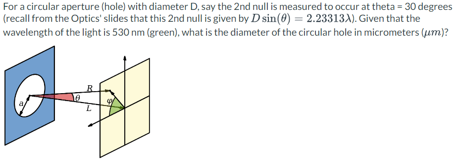 For a circular aperture (hole) with diameter D, say | Chegg.com