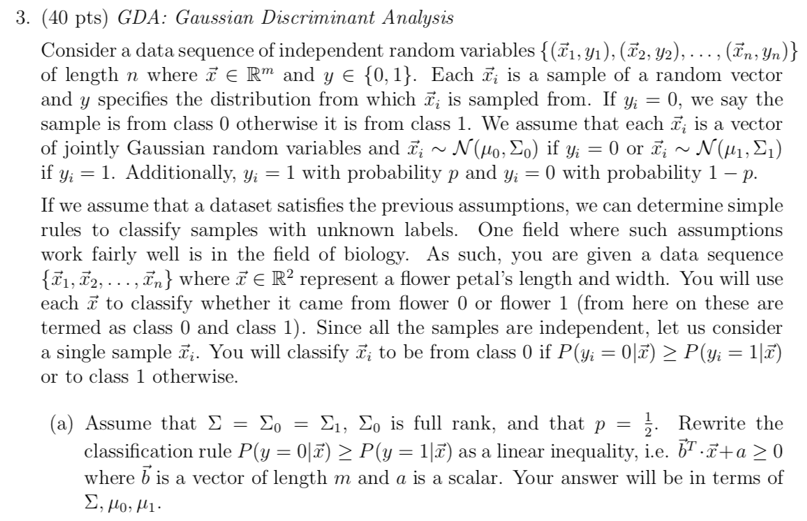 Solved 3. (40 pts) GDA: Gaussian Discriminant Analysis | Chegg.com
