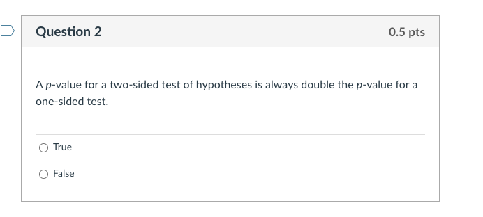 Solved Question 2 0.5 pts A p-value for a two-sided test of | Chegg.com