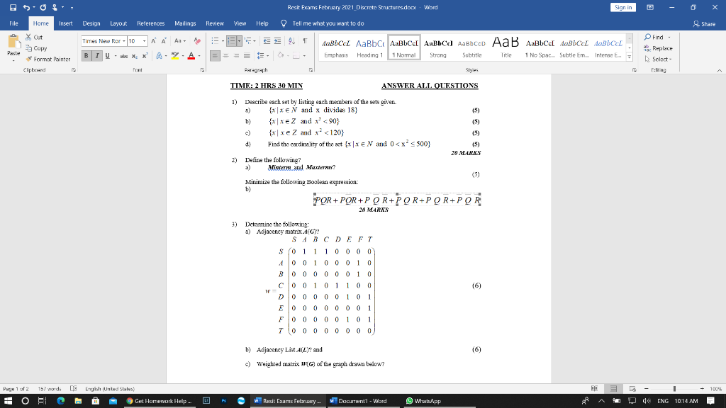 Solved Resit Fxams February 2021 Discrete Structures.docx - | Chegg.com