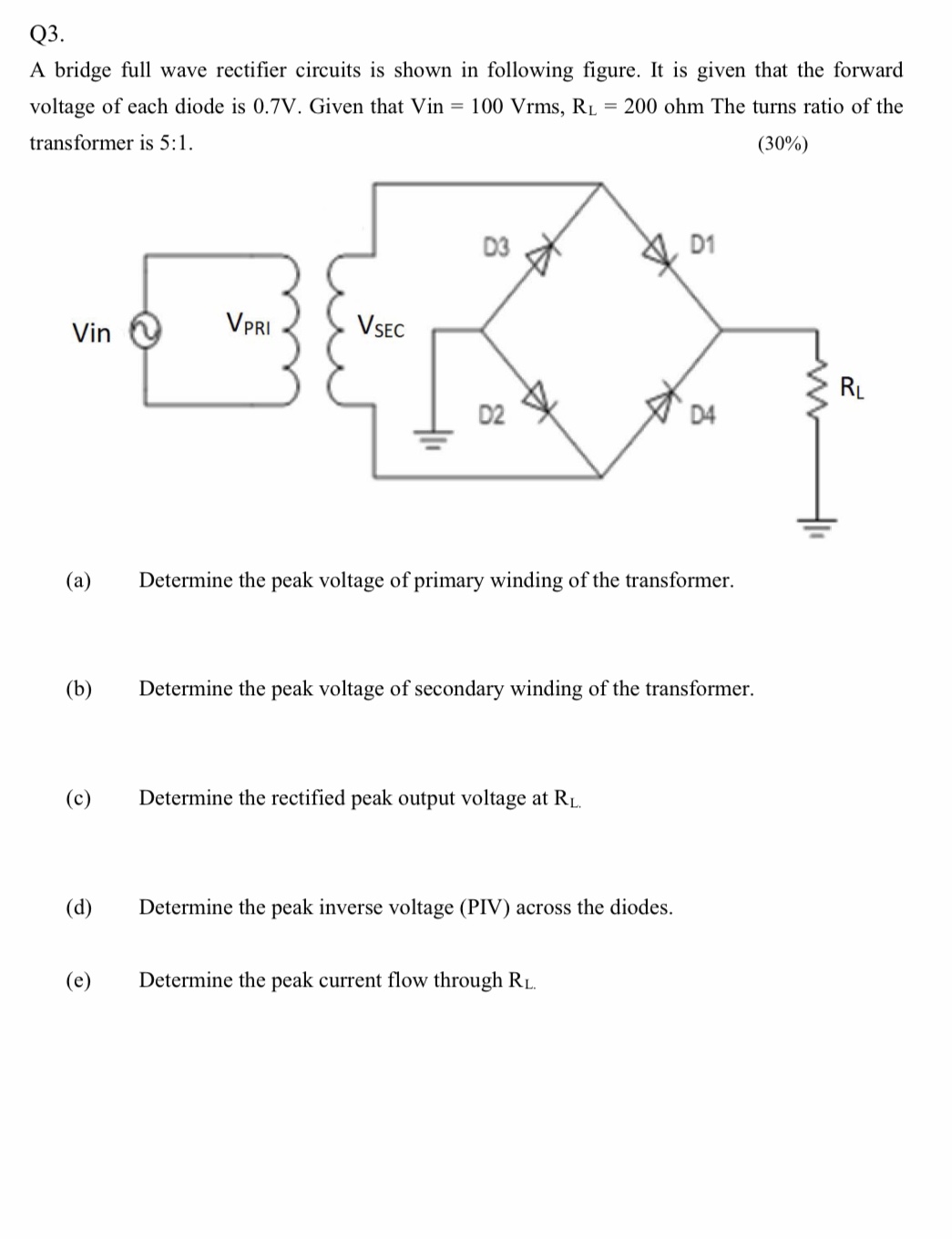 Solved Q3. A bridge full wave rectifier circuits is shown in | Chegg.com