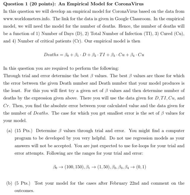 Question 1 (20 points): An Empirical Model for Corona | Chegg.com