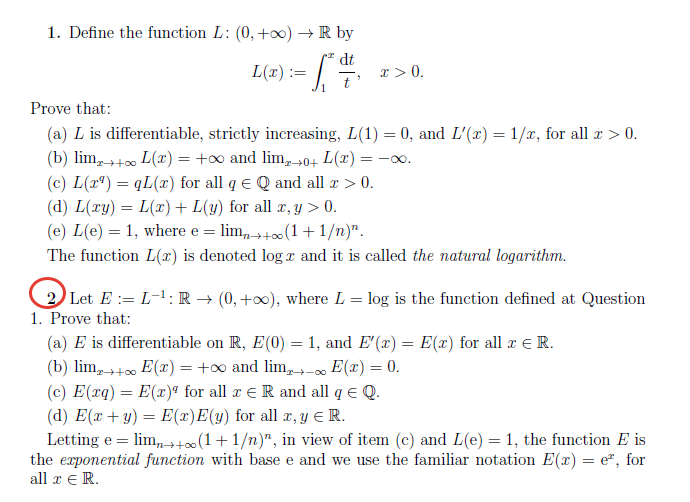 Solved 1. Define the function L:(0,+∞)→R by | Chegg.com