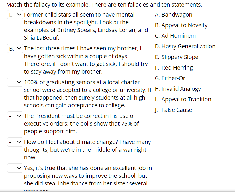 Solved Match the fallacy to its example. There are ten | Chegg.com