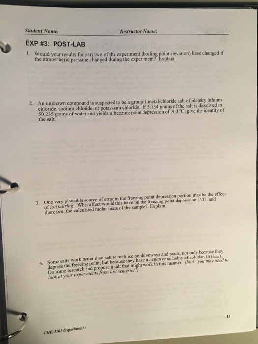 Solved Student Name: Instructor Name: EXP #3: POST-LAB 1. | Chegg.com