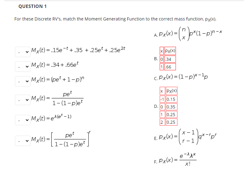 Solved QUESTION 1 For these Discrete RV's, match the Moment | Chegg.com