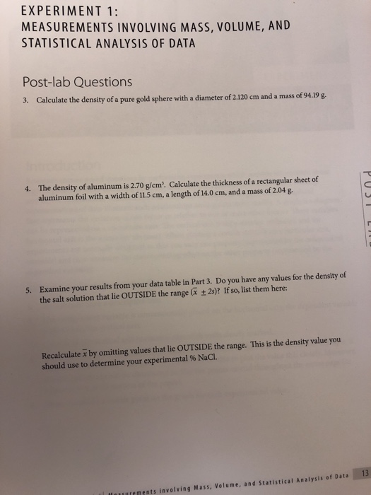 Solved EXPERIMENT 1: MEASUREMENTS INVOLVING MASS, VOLUME, | Chegg.com