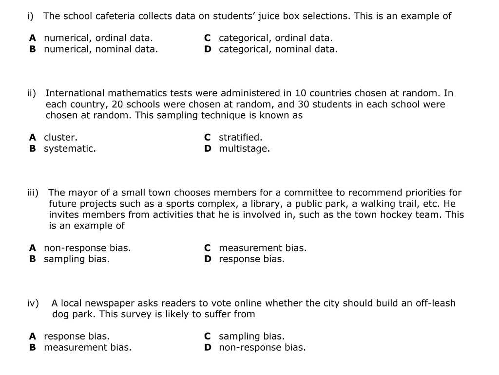 Solved i) The school cafeteria collects data on students' | Chegg.com