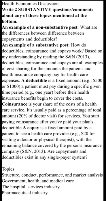 Health Economics Discussion Write 2 SUBSTANTIVE | Chegg.com