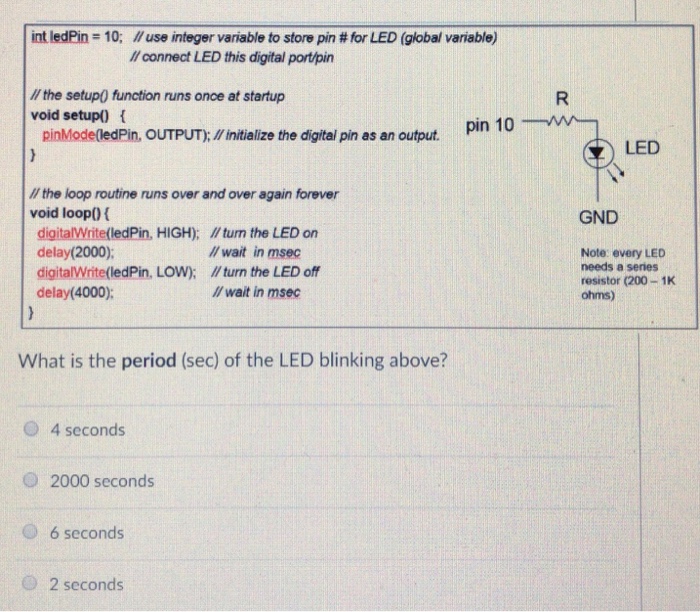 Solved //use integer variable to store pin # for LED (global | Chegg.com