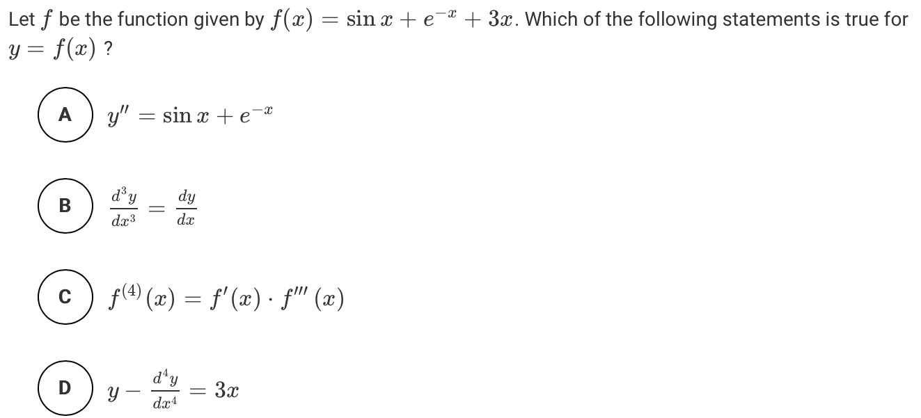 Solved Let f be the function given by f(x)=sinx+e−x+3x. | Chegg.com Solved Let f be the function given by f(x)=sinx+e−x+3x. | Chegg.com