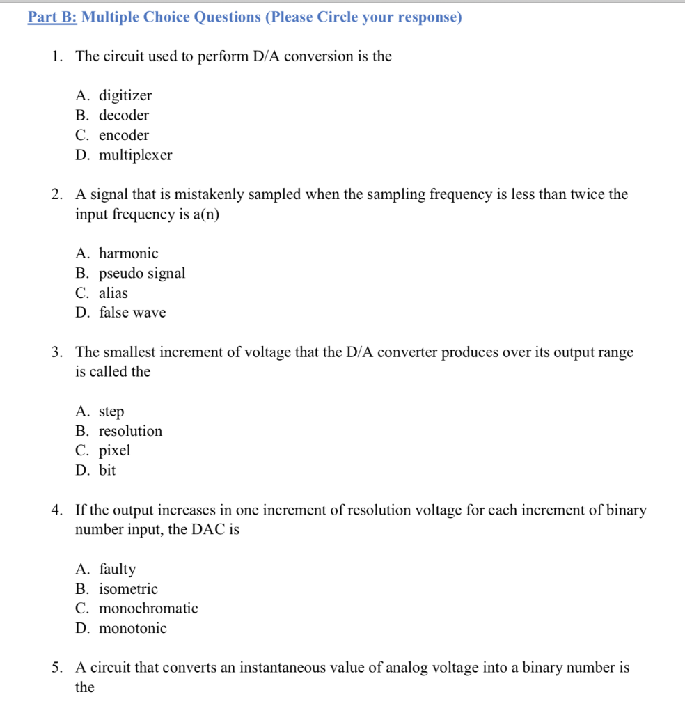 Solved Part B: Multiple Choice Questions (Please Circle your | Chegg.com