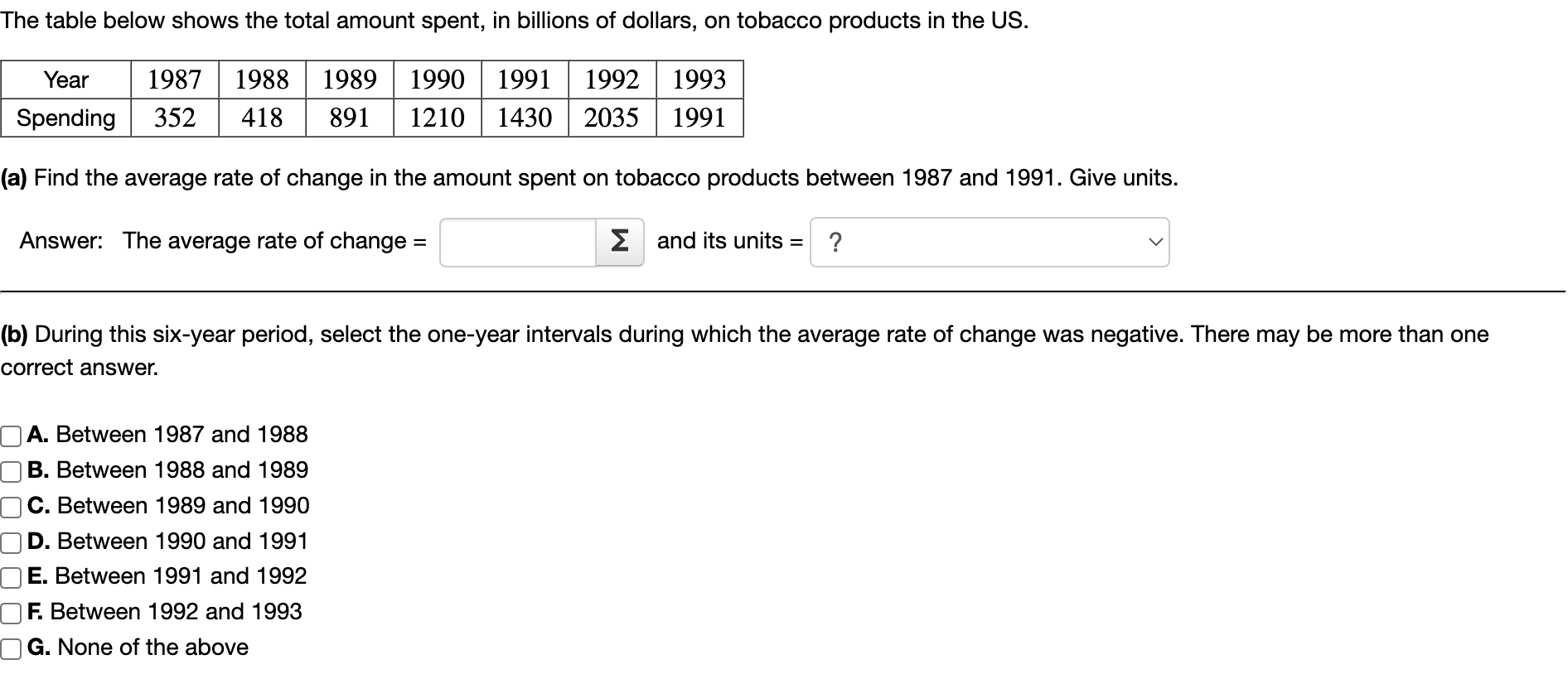 Solved The table below shows the total amount spent, in | Chegg.com
