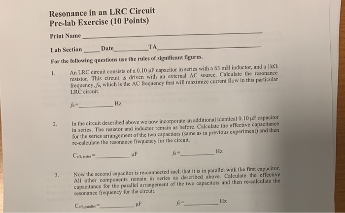 Solved Resonance in an LRC Circuit Pre-lab Exercise (10 | Chegg.com