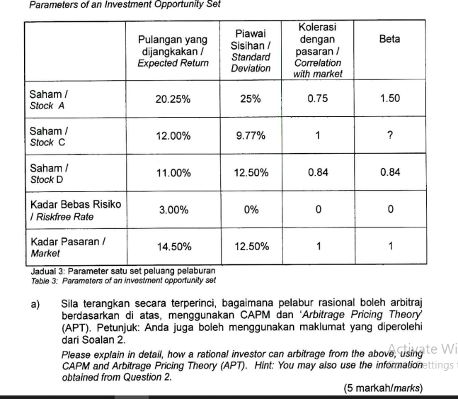 Parameters of an Investment Opportunity Set Beta | Chegg.com