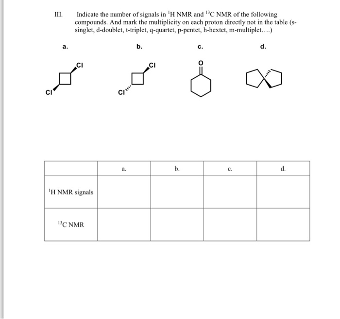 Solved III Indicate the number of signals in 'H NMR and C | Chegg.com