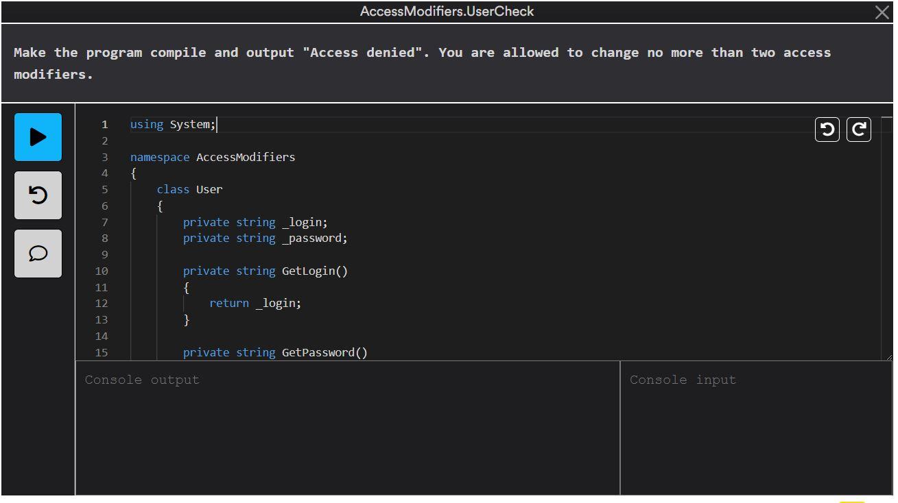 Solved AccessModifiers.UserCheck Use c#, ****** USE C# Use | Chegg.com