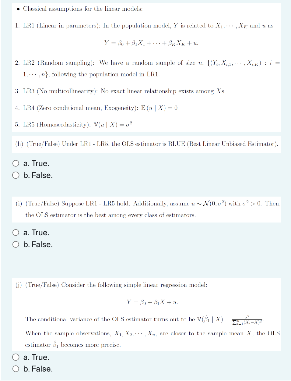 Solved Classical assumptions for the linear | Chegg.com