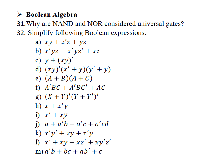 Solved Boolean Algebra 31. Why are NAND and NOR considered | Chegg.com
