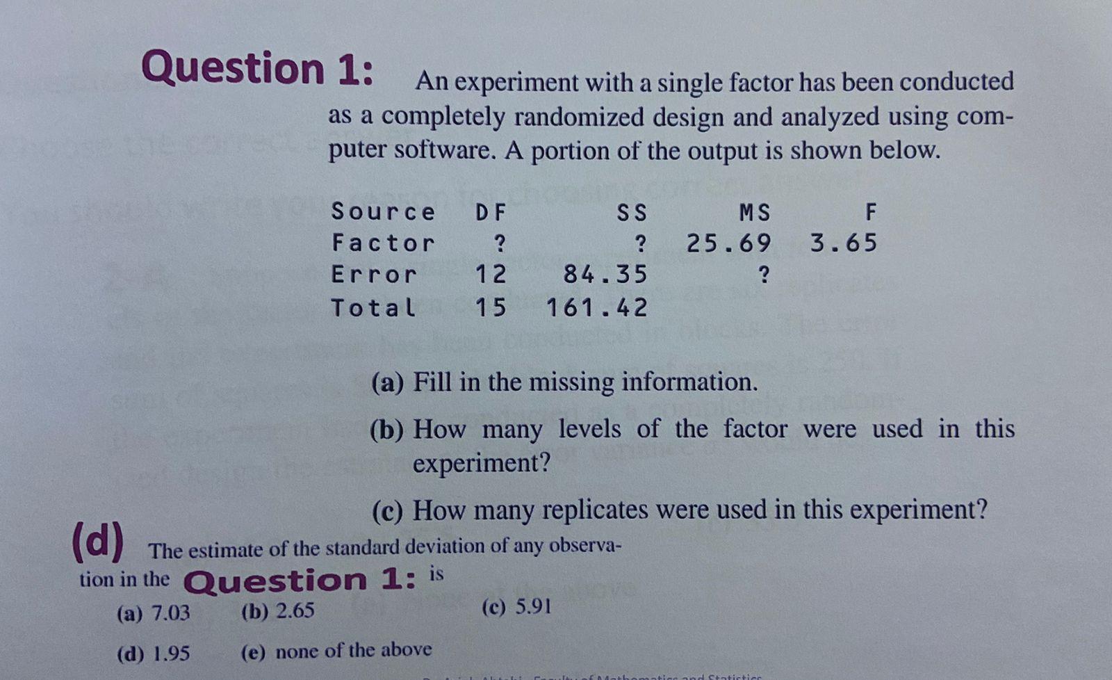 Solved Question 1: An experiment with a single factor has | Chegg.com