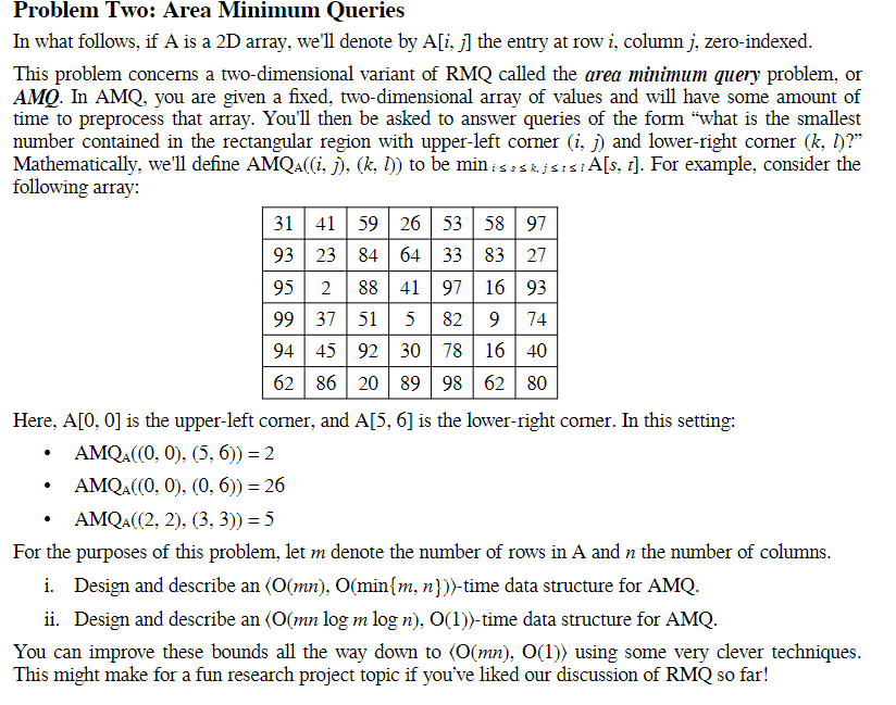 Problem Two: Area Minimum Queries In what follows, if | Chegg.com