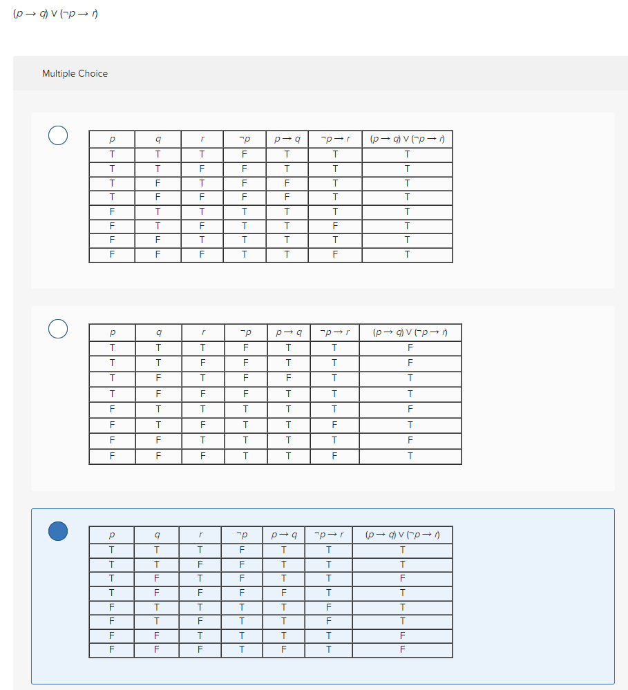 Solved (p→q)∨(¬p→r) Multiple | Chegg.com