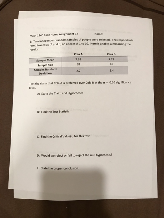 Solved Math 1340 Take Home Assignment 12 Name: 1. Two | Chegg.com
