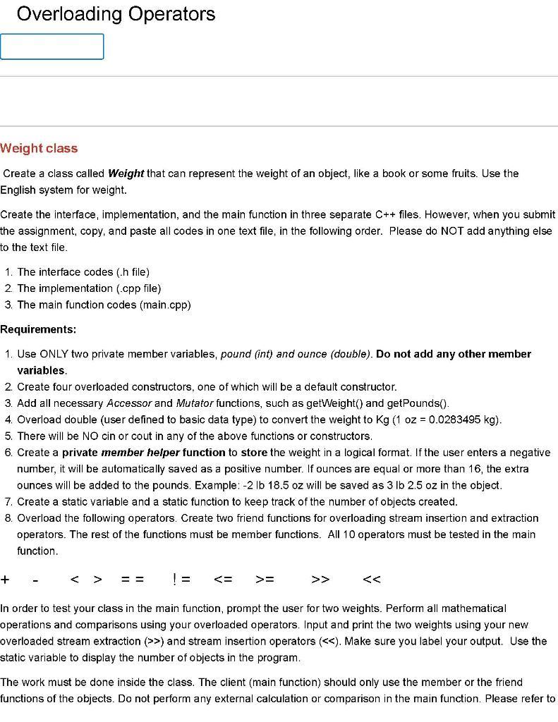 Solved Overloading Operators Weight Class Create A Class 0878